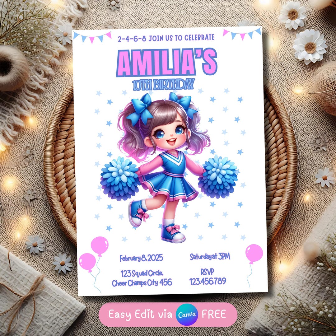 Cheerleading Birthday Invitation - 5x7 Editable Canva Template, Pom ...