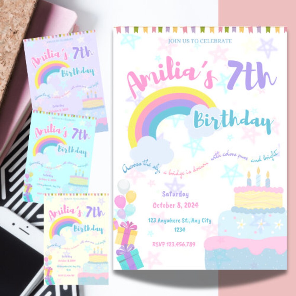 Rainbow Birthday Invitation Template, Editable via Canva, Pastel ...