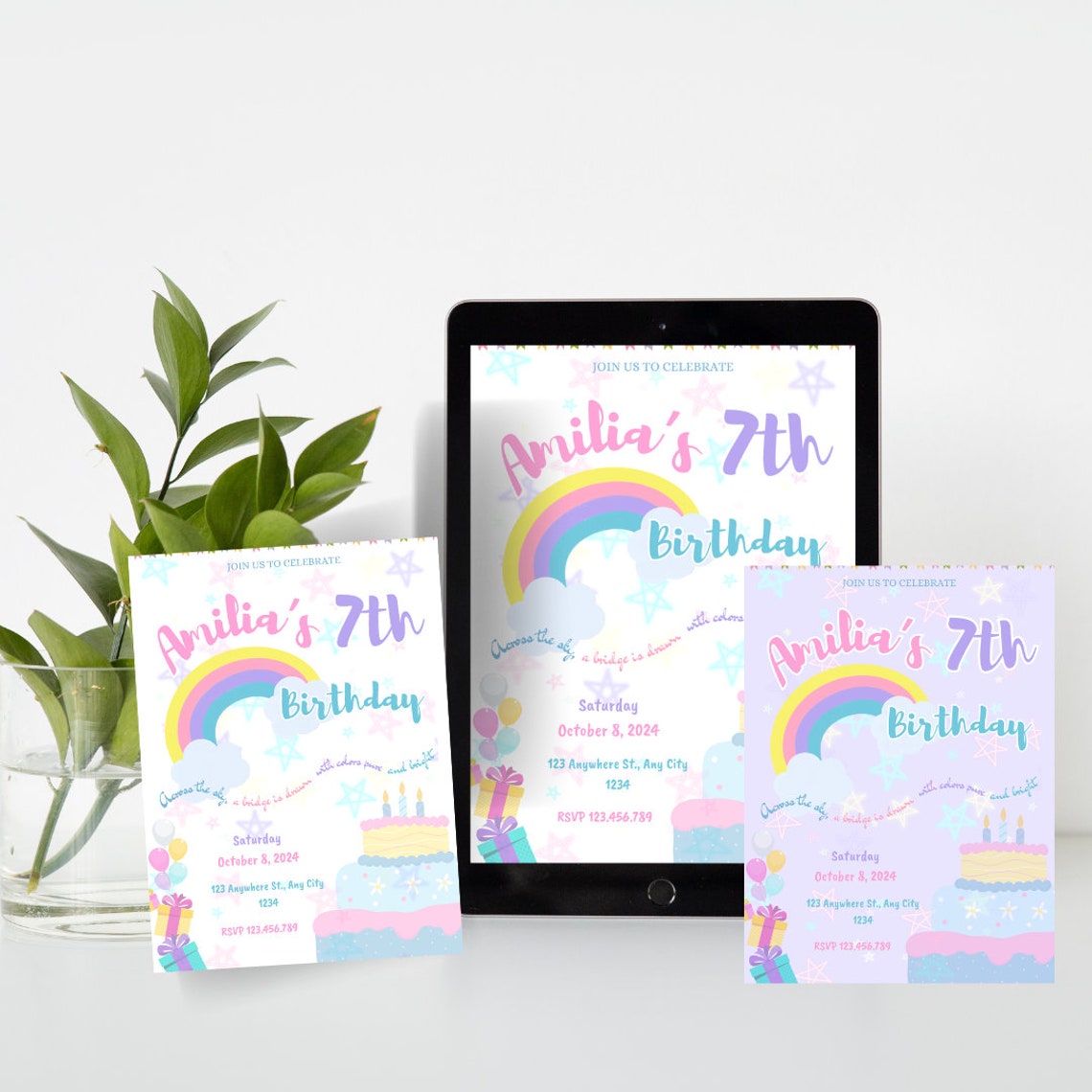 Rainbow Birthday Invitation Template, Editable via Canva, Pastel ...