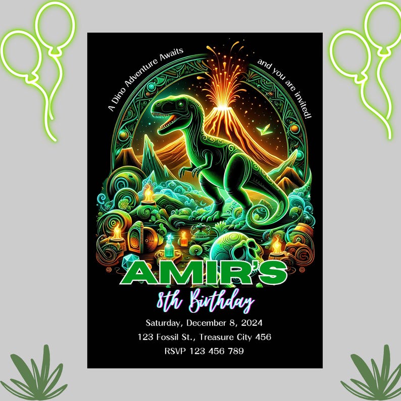 Dinosaur Birthday Invitation, Neon Modern Dinosaur, Boy Birthday Invite ...