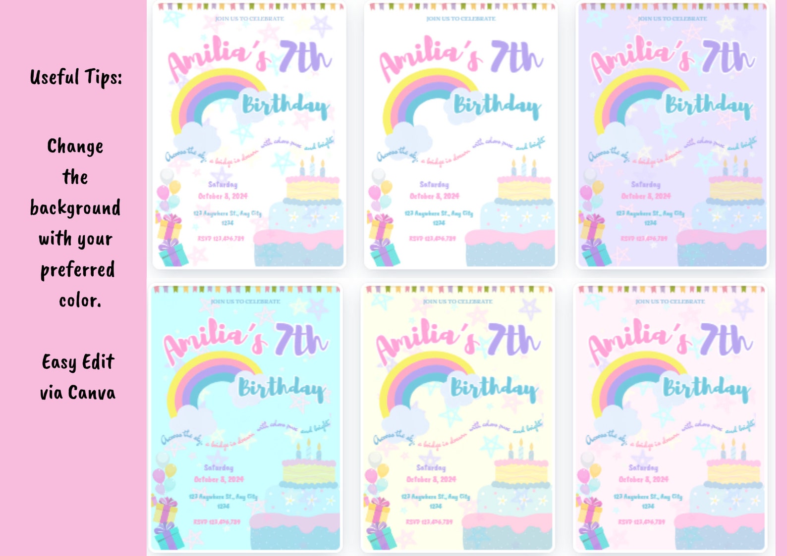 Rainbow Birthday Invitation Template, Editable via Canva, Pastel ...