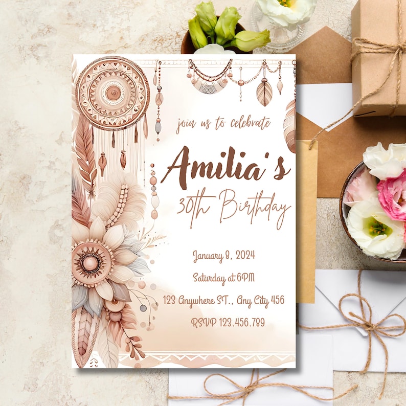 Bohemian Theme Party Invitation, Canva Editable Template, Boho Theme ...