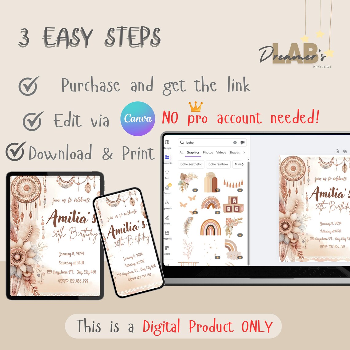 Bohemian Theme Party Invitation, Canva Editable Template, Boho Theme ...