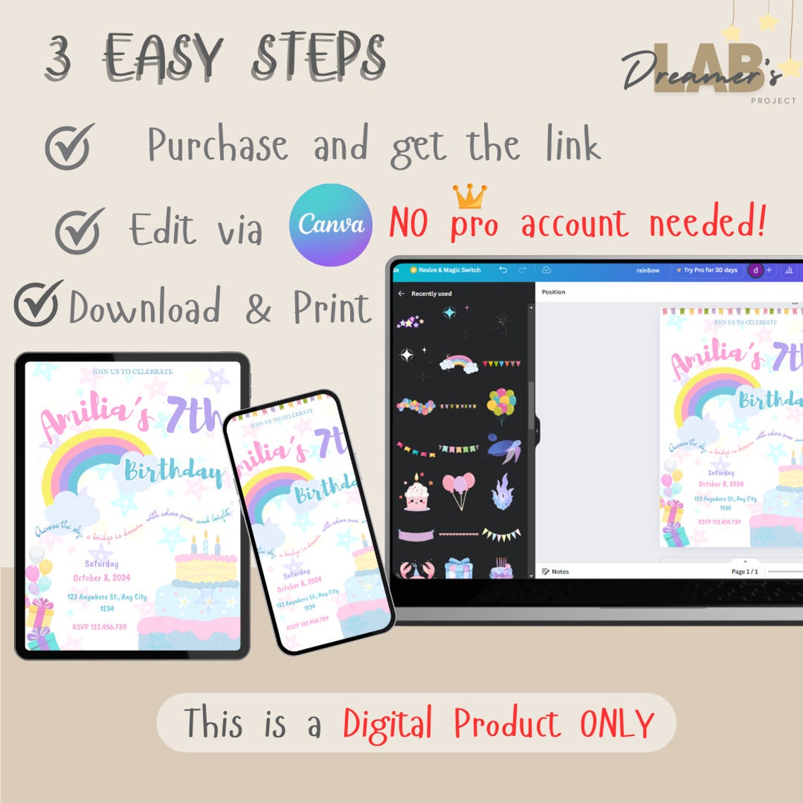 Rainbow Birthday Invitation Template, Editable via Canva, Pastel ...