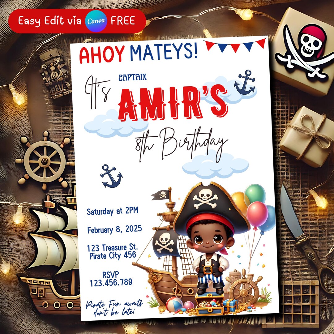 Pirate Birthday Invitation, Pirate Party Invitation, Pirate Theme Party ...