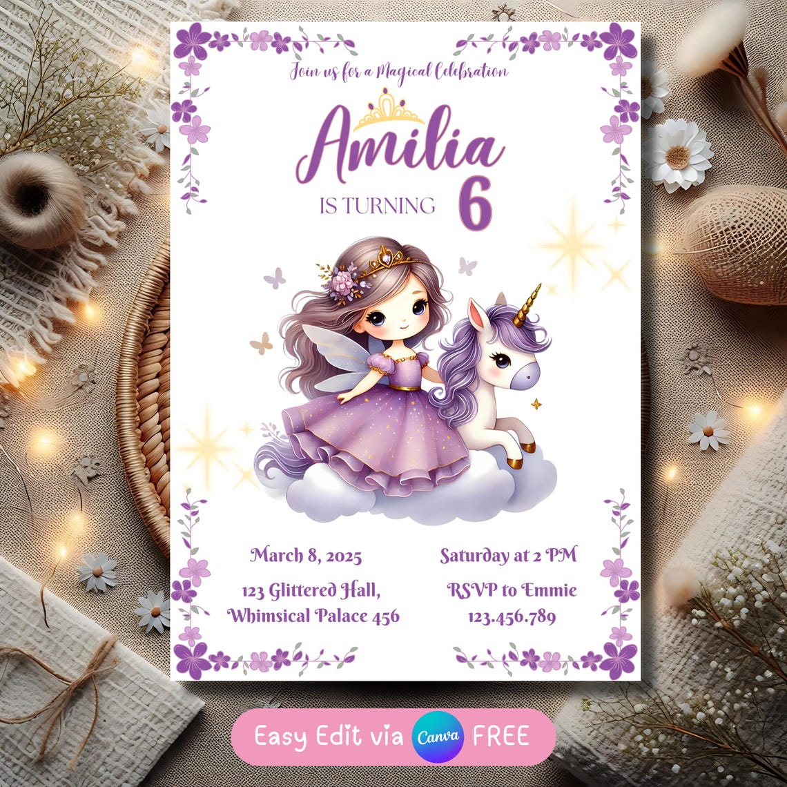 Fairy Princess Birthday Invitation - Purple Whimsical Fairy Tale Party ...