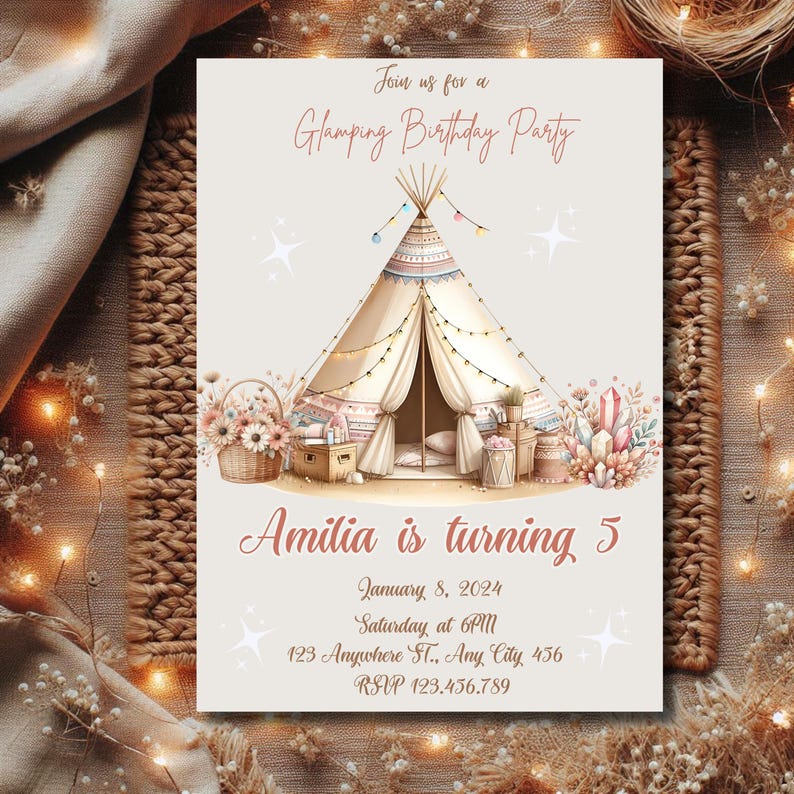 Editable Glamping Birthday Party Invitation Template | Bohemian Party ...