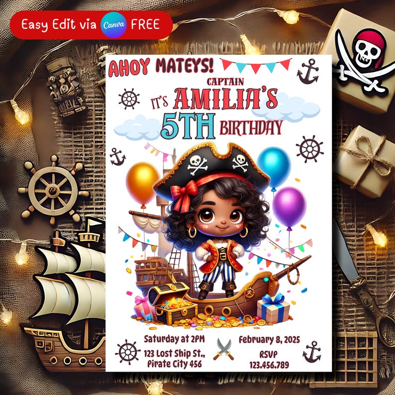 Editable Pirate Girl Birthday Invitation, Girl Pirate Invitation ...