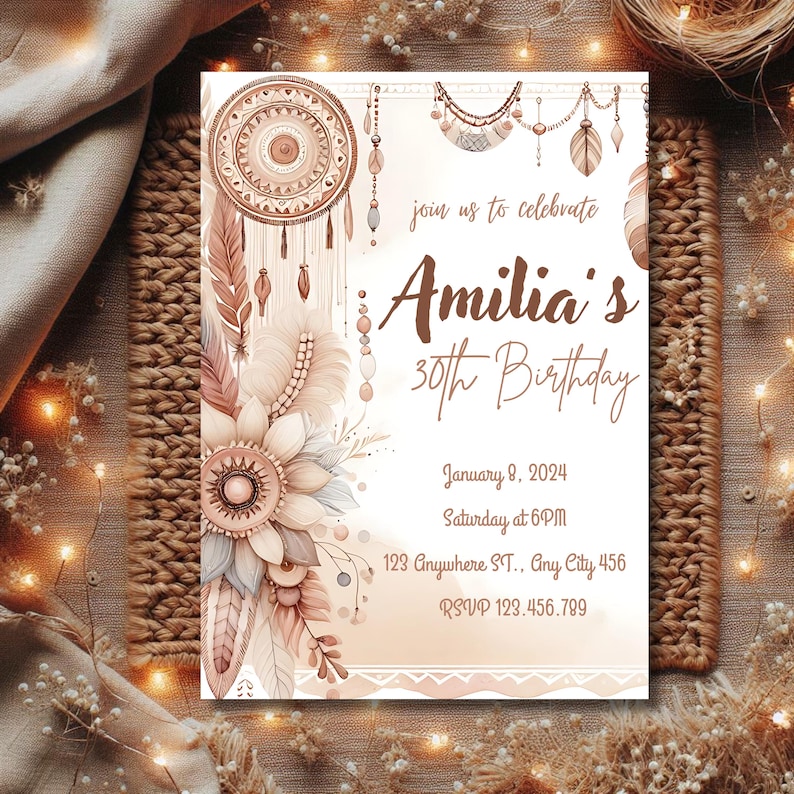Bohemian Theme Party Invitation, Canva Editable Template, Boho Theme ...