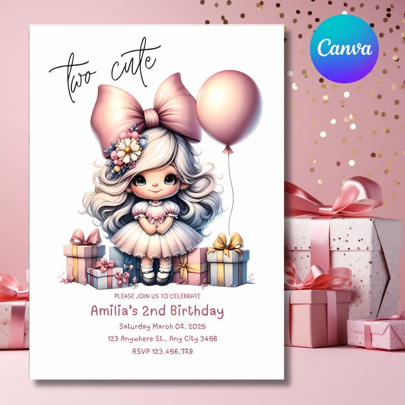 Two Cute Birthday Invitation, Coquette Birthday Invite, Too Cute ...
