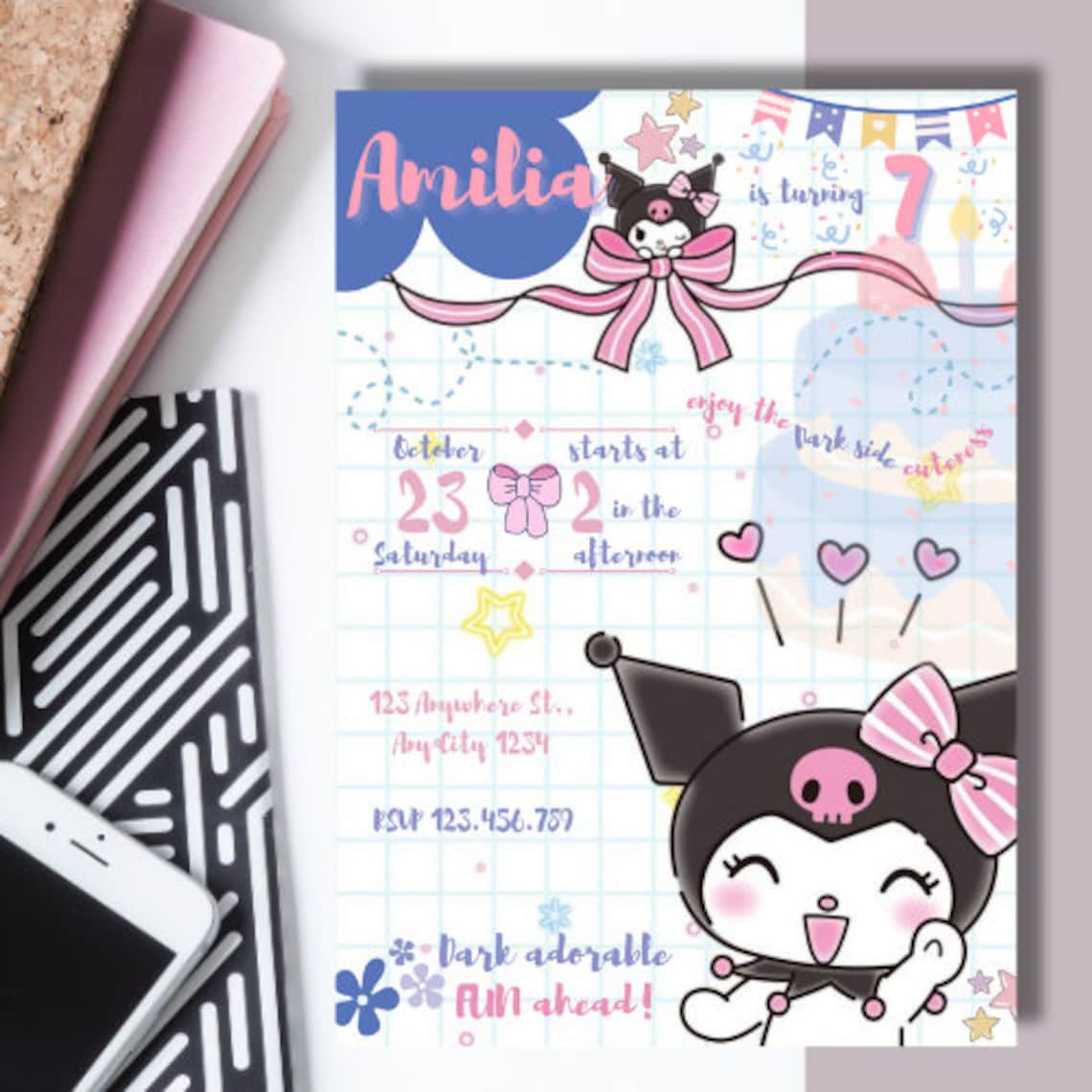 Kawaii Sanrio Kuromi Themed Birthday Invitation Template, Cute Kuromie ...