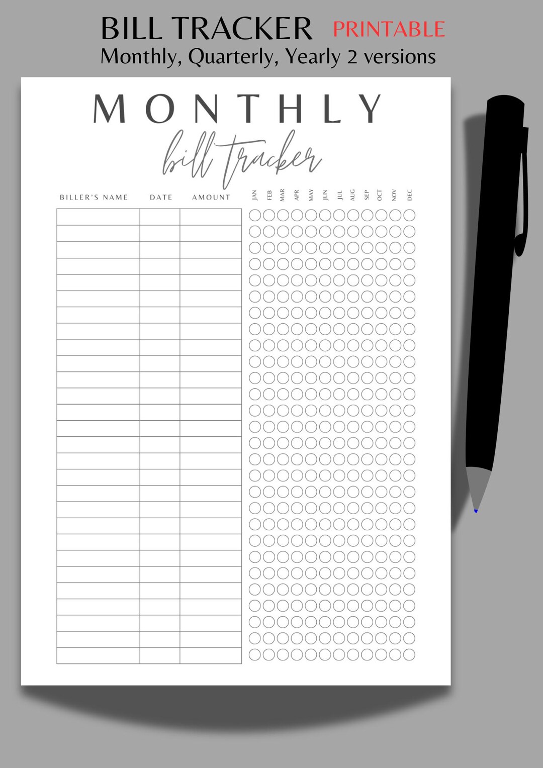 Monthly, Quarterly, Yearly Bill Tracker, Bill Organizer, Bill Planner ...
