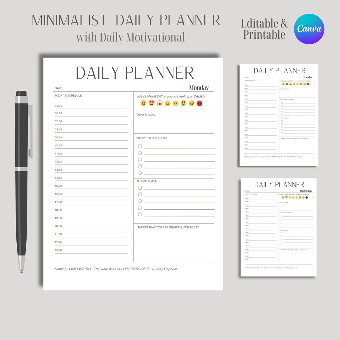 Editable and Printable Minimalist Daily Planner, Digital Planner ...
