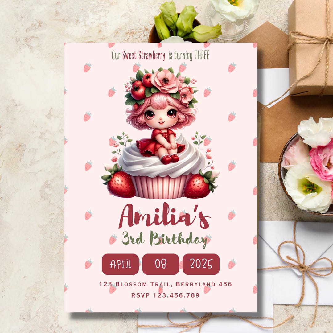 Strawberry Theme Invitation, Sweet Strawberry Birthday Invitation ...
