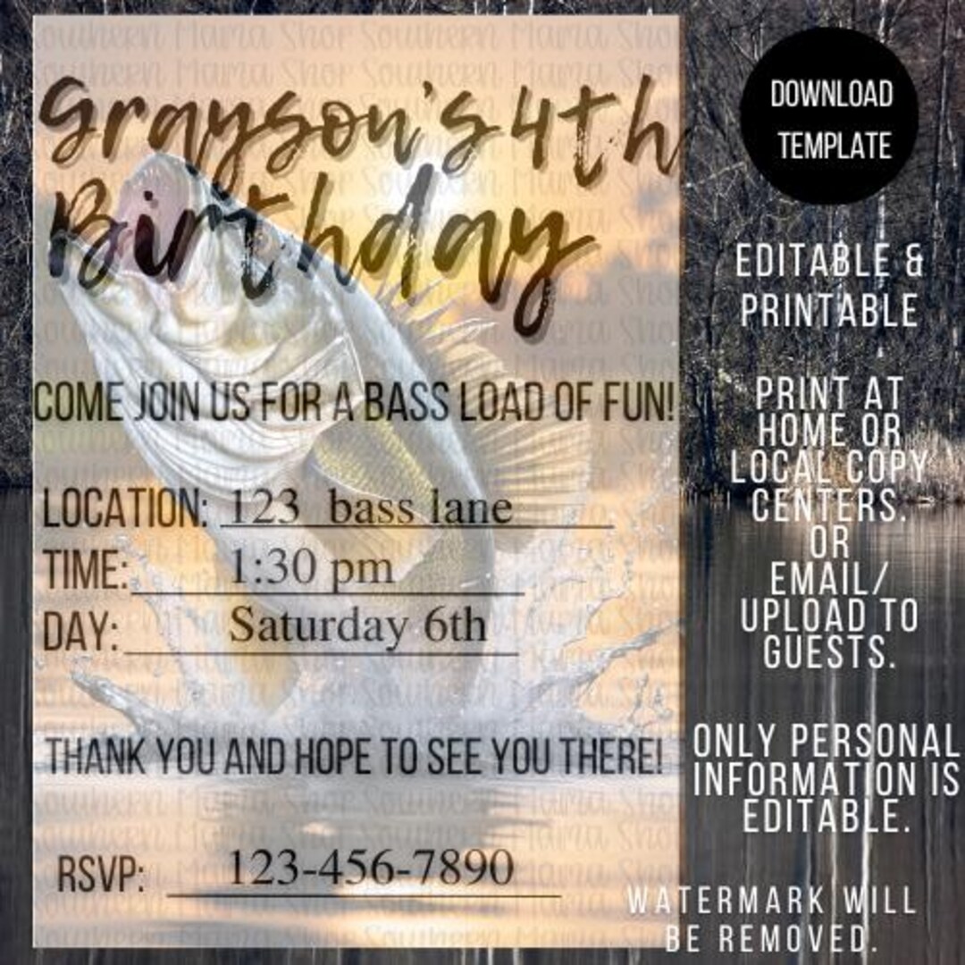 Bass Fishing Birthday Invitation | Digital Birthday Invitation, Fish ...