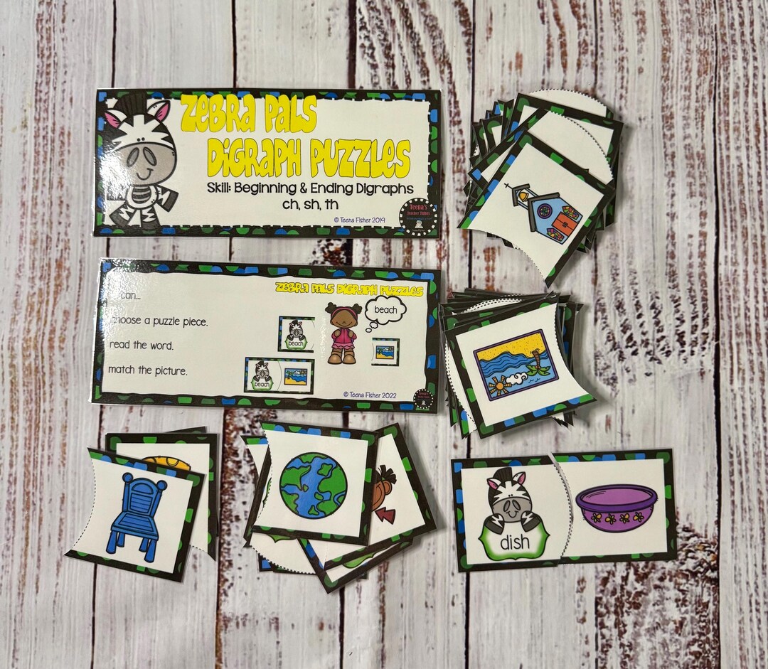 Zebra Pals Digraph Puzzles Phonics Game Center Literacy Bag Teacher ...