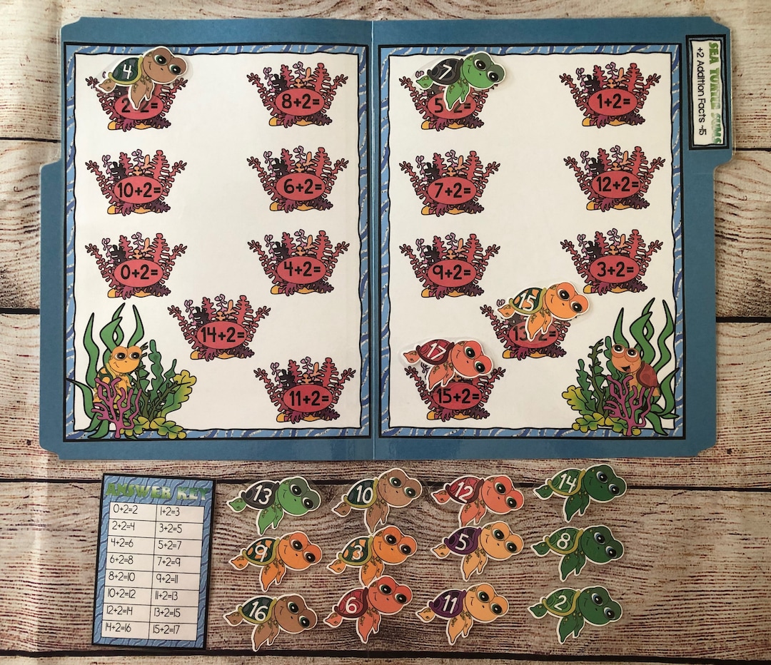 Sea Turtle Sums Addition +2 Facts 1-15 Math File Folder Game Center ...