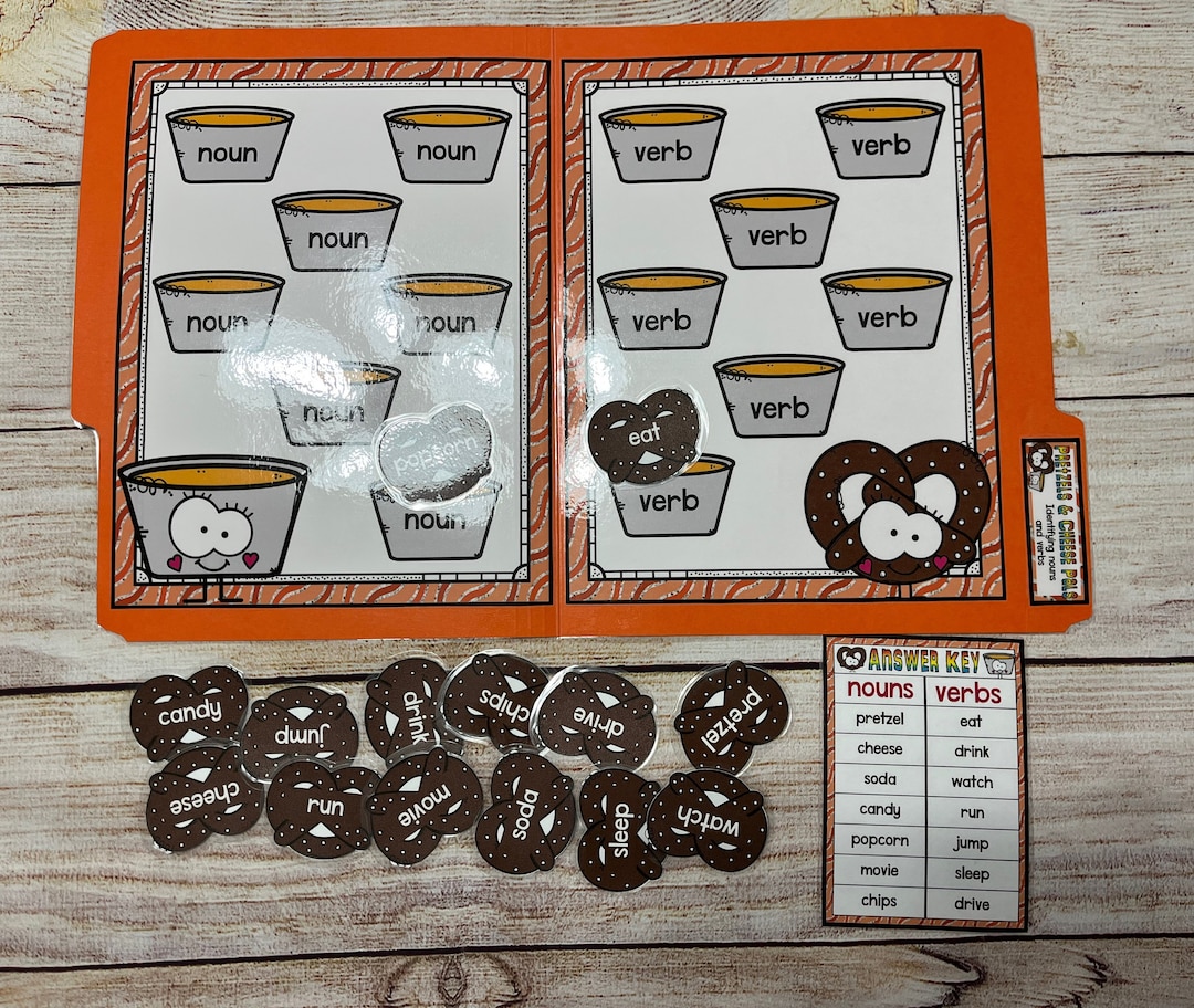 Pretzels and Cheese File Folder Game Literacy Center Grammar Nouns and ...