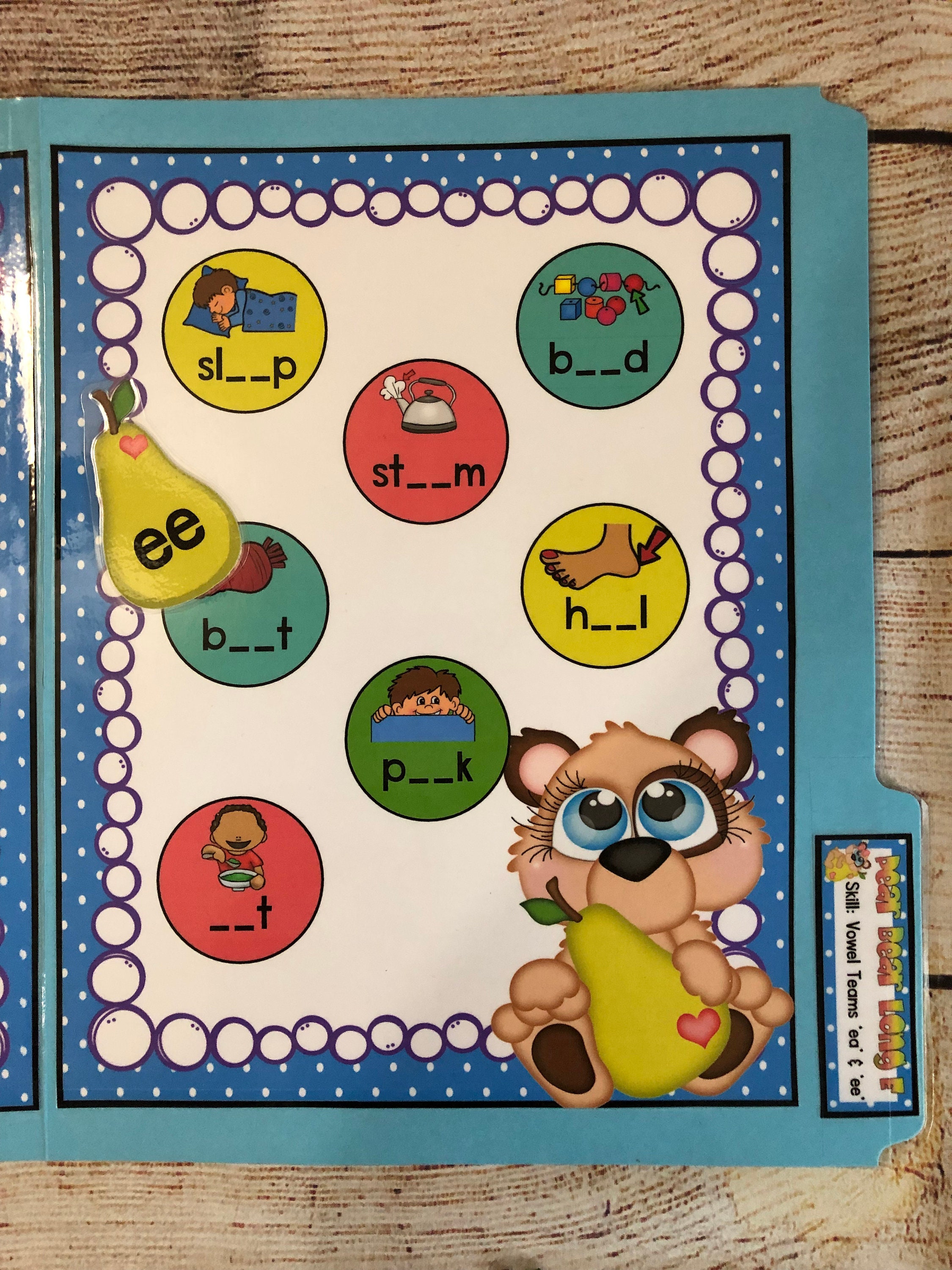 Pear Bear Long Vowels Teams E Literacy File Folder Game Words ...