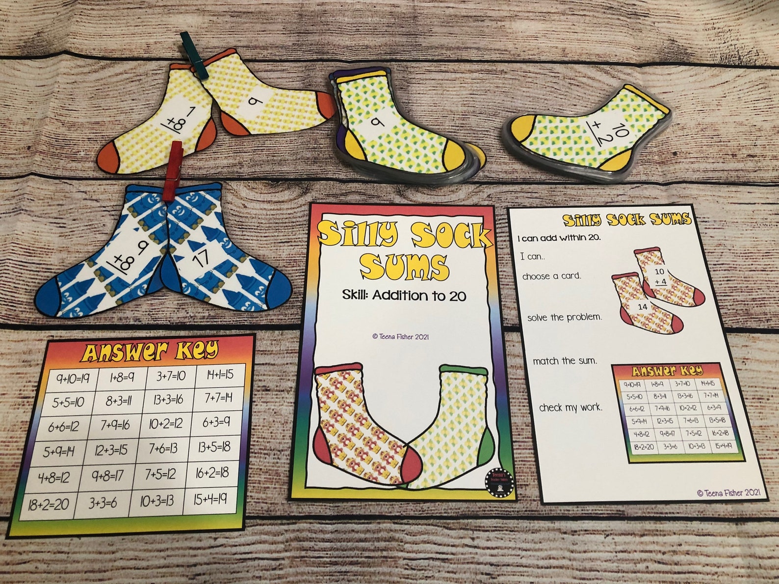 Silly Sock Sums Addition to 20 Math Game Kindergarten First Grade ...