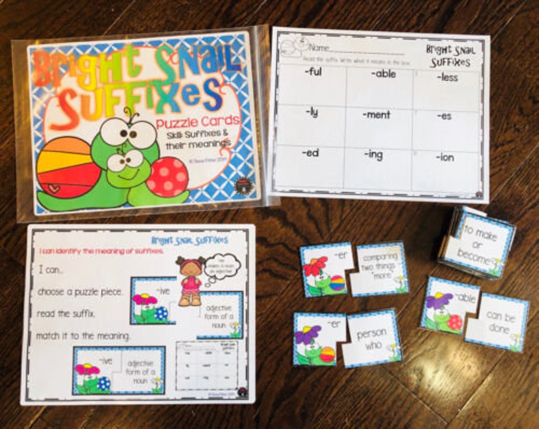 Bright Snail Suffixes Puzzles Literacy Center 1st, 2nd Grade Teacher ...