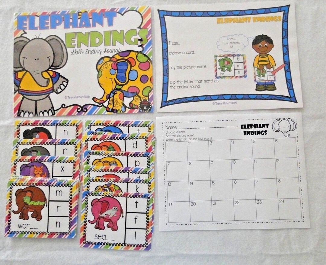 Elephant Ending Sounds Clip Cards Literacy Phonics File Folder Game ...