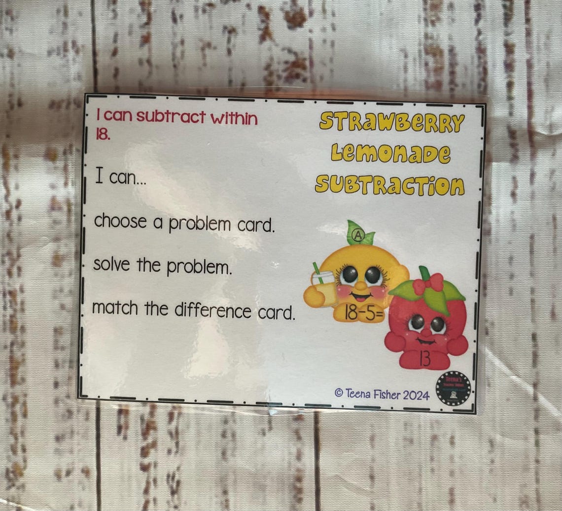 Strawberry Lemonade Subtraction Thru 18 Task Box First Second Grade ...