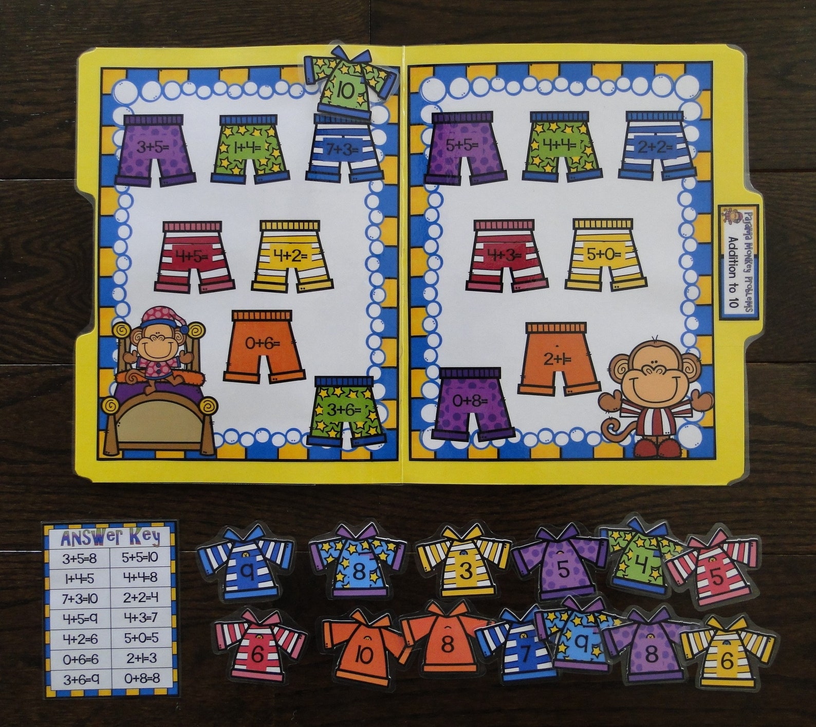 Pajama Monkey Addition to 10 Math File Folder Game Center | Etsy