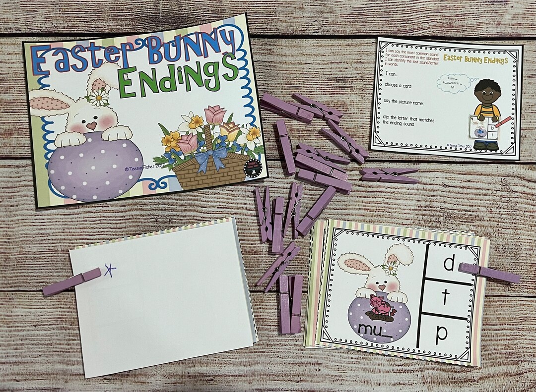 Preschool Kindergarten Easter Bunny Ending Sounds Clip Cards Fine Motor ...
