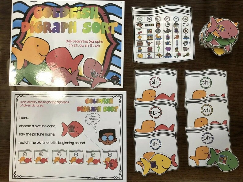 Goldfish Beginning Digraphs Sort Phonics Game Center Literacy Bag ...
