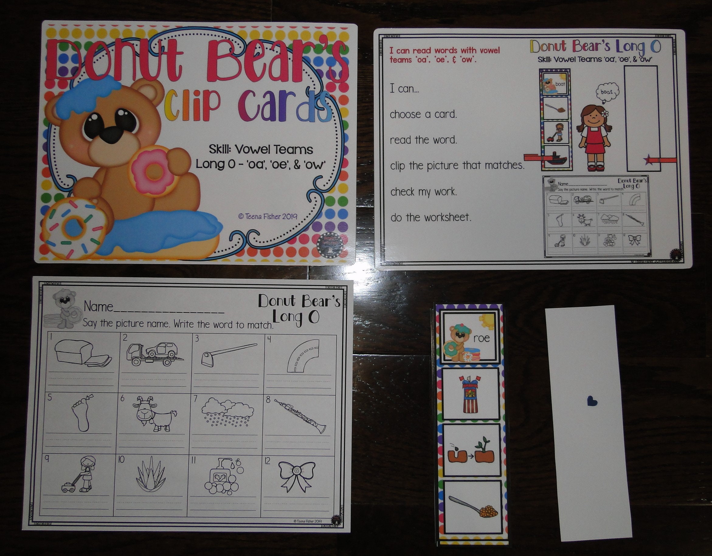 Donut Bear's Long O Vowel Team Clip Cards Literacy Phonics File Folder ...
