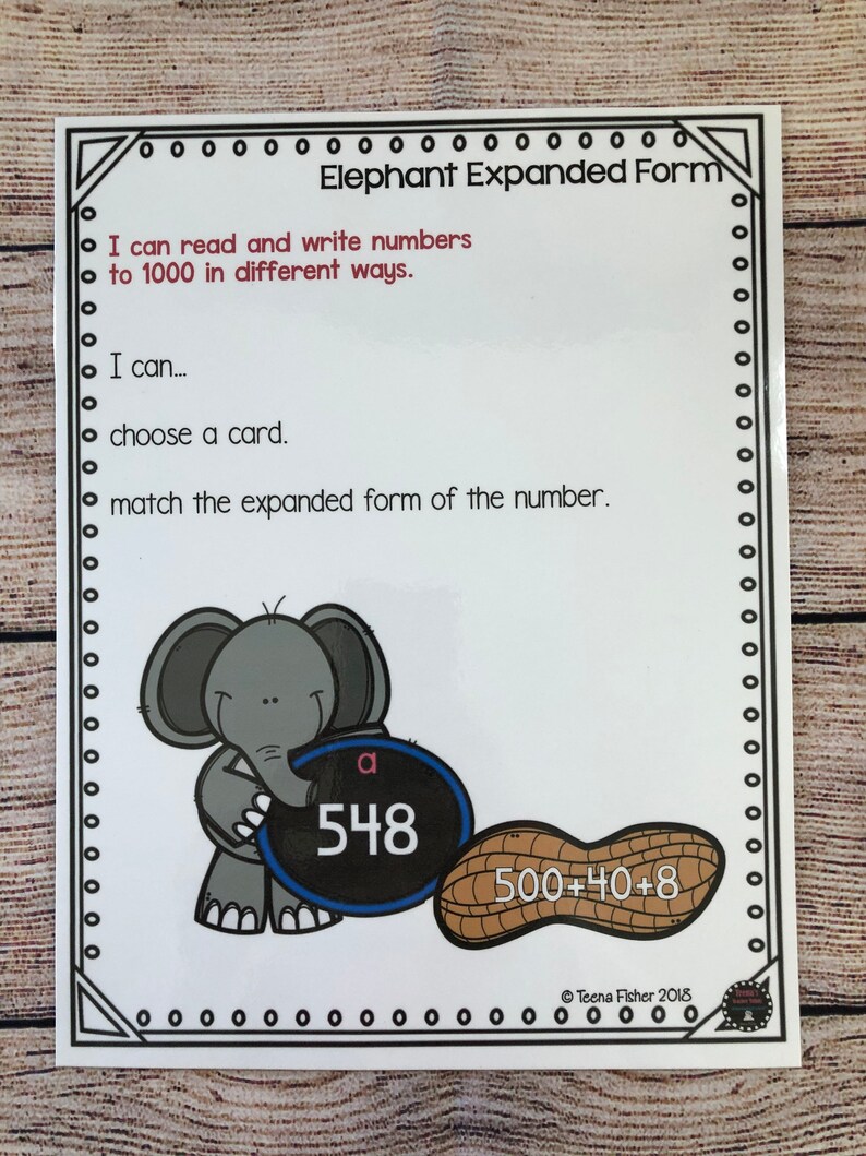 Elephant Expanded Form Math File Folder Game Center Teacher | Etsy