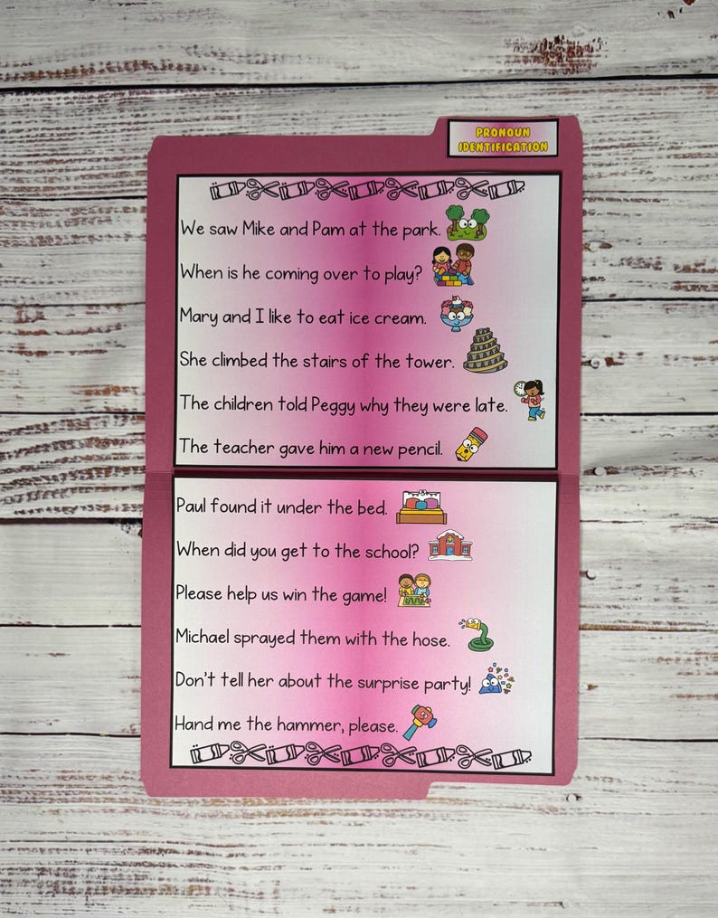 Pronoun Identification File Folder Game Literacy Center Grammar First ...