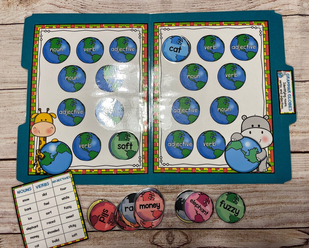 Grammar Globes File Folder Game Literacy Center Grammar Nouns Verbs ...
