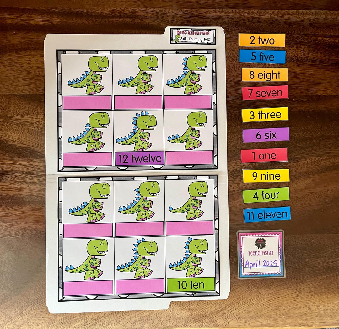Dinosaur Counting 1-12 Number Words Math File Folder Game Center ...