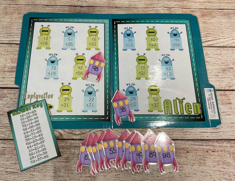 Alien Addition 2 Digit Math File Folder Game Center Teacher Resource ...