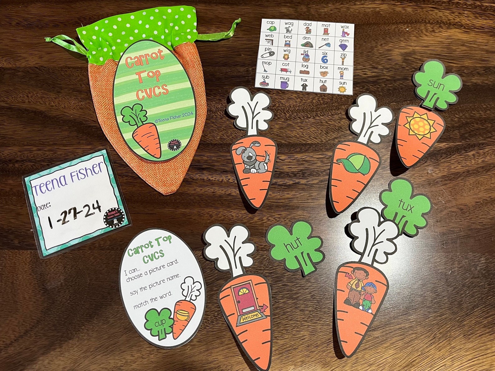 Carrot Top CVC Words Match Phonics Short Vowel Kindergarten First Grade ...