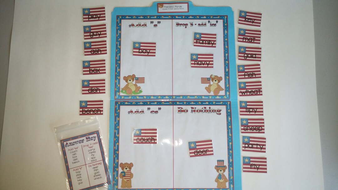 Patriotic Plurals Grammar File Folder Game Literacy Center First Second ...