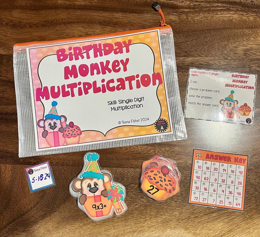 Birthday Monkey Multiplication Mixed Facts 0-12 Task Box File Folder ...