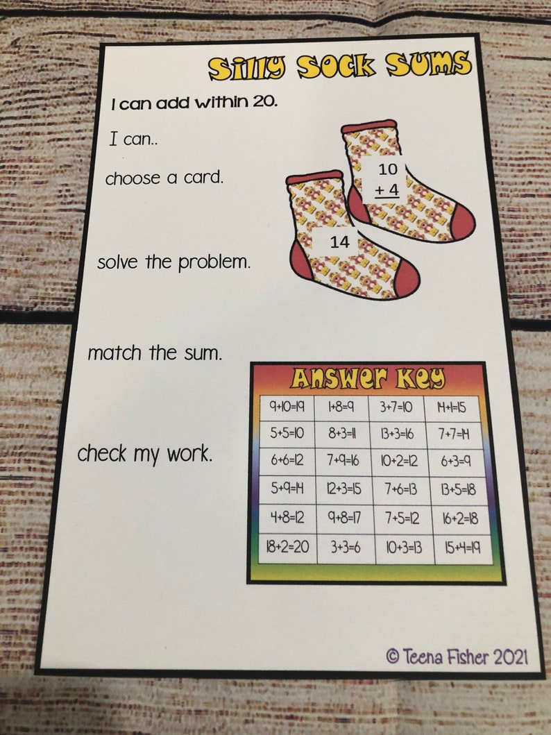 Silly Sock Sums Addition to 20 Math Game Kindergarten First Grade ...