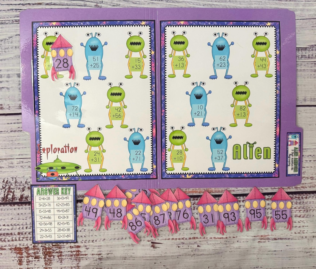 Alien Addition 2 Digit Math File Folder Game Center Teacher Resource ...