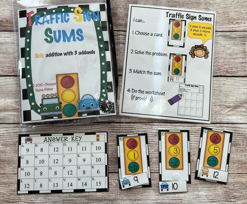 Traffic Sign Sums 3 Addends Kindergarten First Second Grade Math Task ...