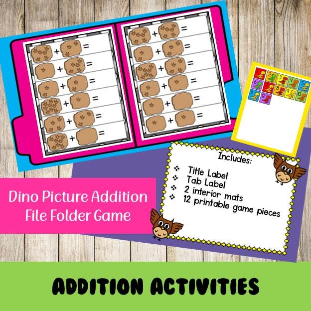 Dino Addition Picture Pre K Kindergarten Math File Folder Game Center ...