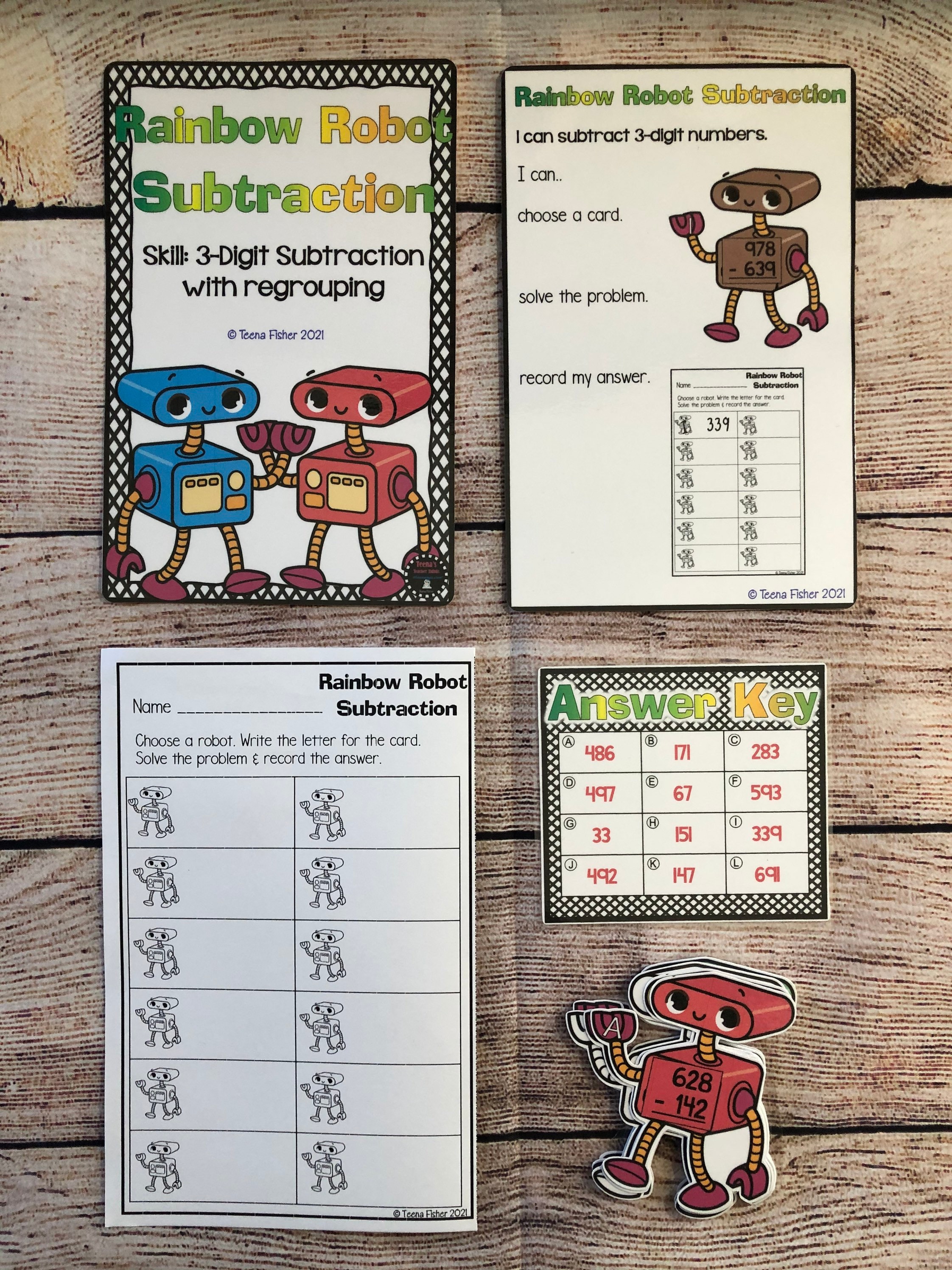 Rainbow Robot Subtraction 3 Digits Math File Folder Game Center Teacher ...