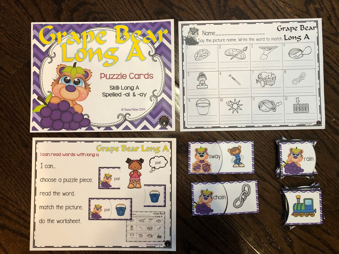 Grape Bear Long A Vowel Team Ai - Ay Word Puzzle Cards Teacher Made ...