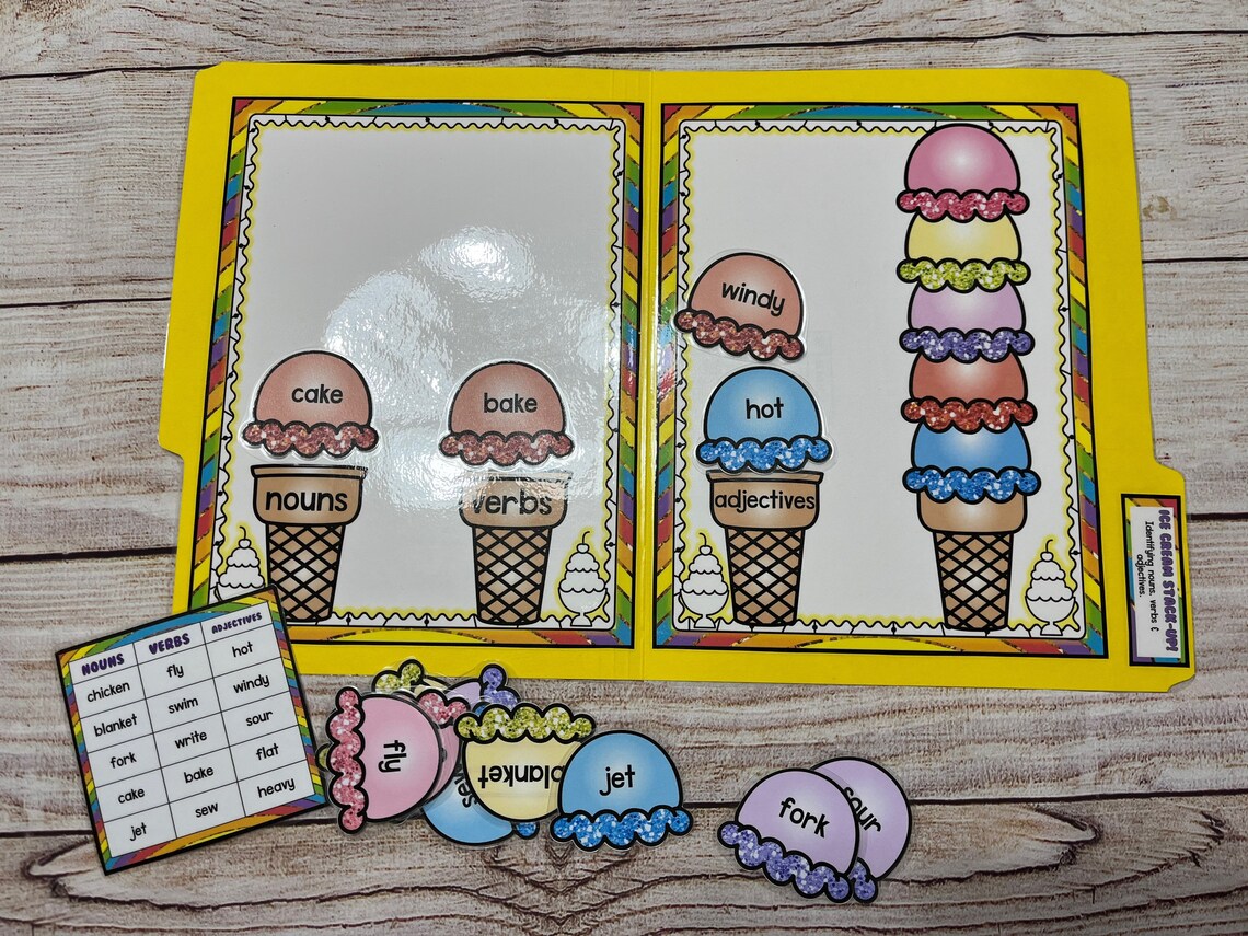 Ice Cream Stack up File Folder Game Literacy Center Grammar Nouns Verbs ...
