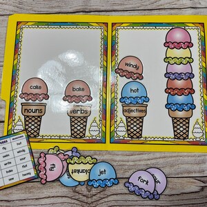 Ice Cream Stack up File Folder Game Literacy Center Grammar Nouns Verbs ...