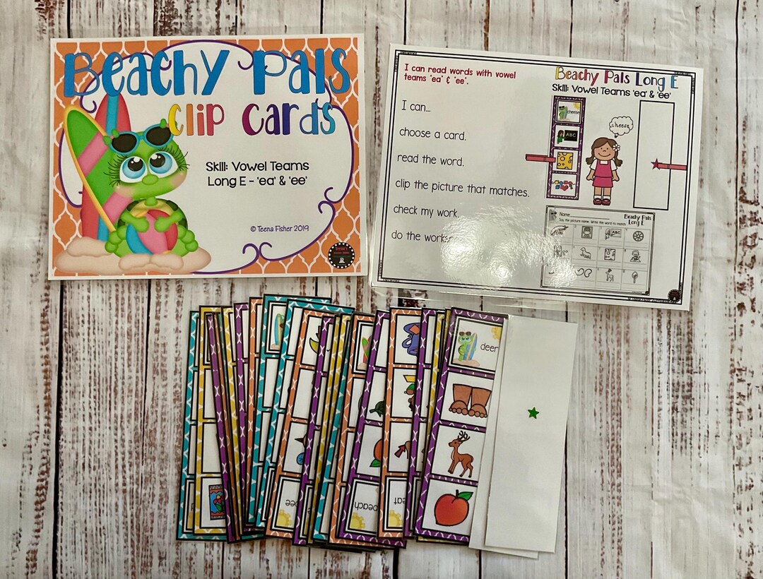 Beachy Pals Long E Vowel Team Clip Cards Literacy Phonics File Folder ...