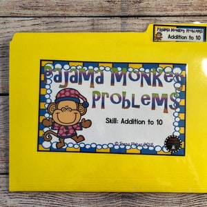 Pajama Monkey Addition to 10 Math File Folder Game Center Teacher ...