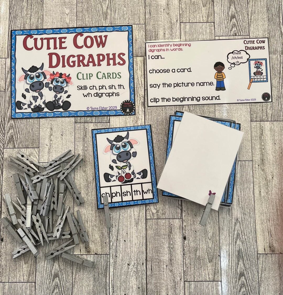 Cutie Cow Digraph Clip Cards Phonics Game Center Literacy Bag Teacher ...